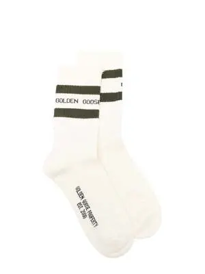GOLDEN GOOSE Ribbed Cotton Crew Socks With Logo Stripe Detail - White