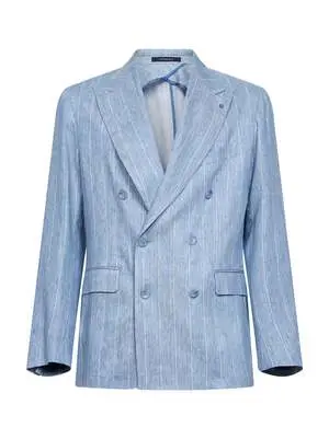 Tagliatore Tagliatore Men Light Blue Pinstriped Linen Blend New York Double-Breasted Blazer Multicolor