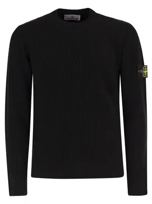 Stone Island Crew-neck Rws Wool Jumper With Ribbed Details - Black