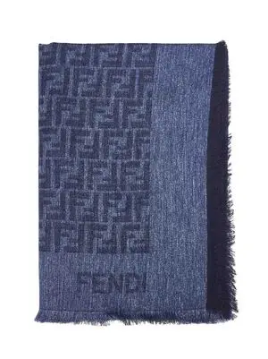 Fendi Silk Denim Blue Cotton And Wool Ff Shawl - Multicolor