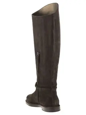 Brunello Cucinelli Suede Leather Knee-high Boots With Monili Detail - Brown