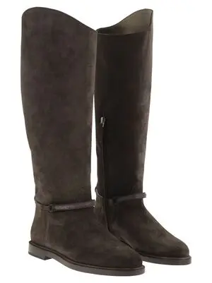 Brunello Cucinelli Suede Leather Knee-high Boots With Monili Detail - Brown