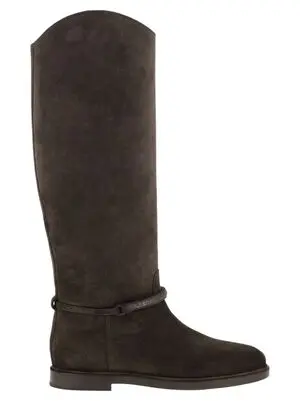 Brunello Cucinelli Suede Leather Knee-high Boots With Monili Detail - Brown