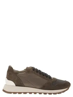 Brunello Cucinelli Suede And Techno Fabric Runners With Embroidered Monile Toe - Brown