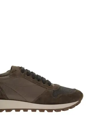 Brunello Cucinelli Suede And Techno Fabric Runners With Embroidered Monile Toe
