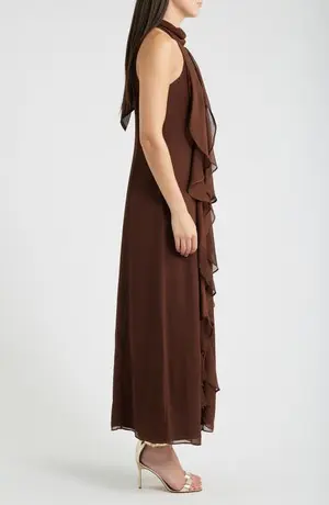 Eliza J Cascade Ruffle Halter Gown - Chocolate