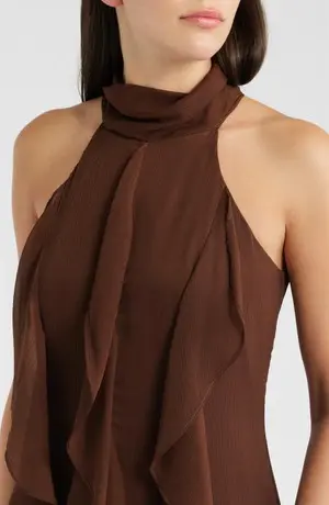 Eliza J Cascade Ruffle Halter Gown - Chocolate