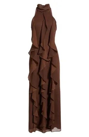 Eliza J Cascade Ruffle Halter Gown - Chocolate