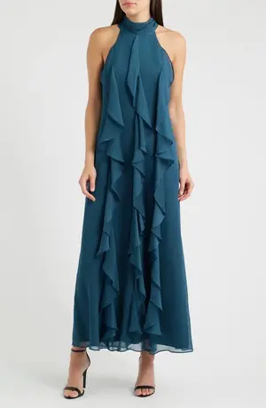 Eliza J Cascade Ruffle Halter Gown - Teal