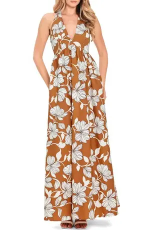 FLYING TOMATO Floral Print Halter Midi Dress - Camel