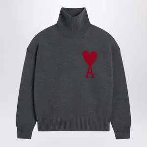 AMI Paris Grey Melange Merino Wool Knit De Coeur Sweater - Gray