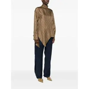 FERRAGAMO Graphic Print High Neck Silk Blouse - Brown