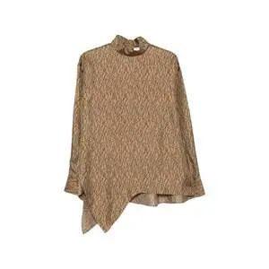 FERRAGAMO Brown Graphic Print High Neck Silk Blouse - Cream