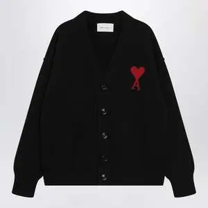 AMI Paris Merino Wool " De Coeur" Cardigan - Black