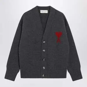 AMI Paris Merino Wool V-neck Cardigan With De Coeur Embroidery - Gray