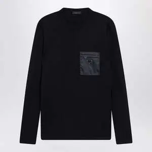 Prada Virgin Wool Crewneck Sweater With Re-nylon Pocket - Blue