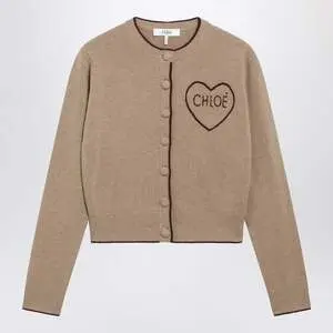 Chloé Light Wool And Cashmere Logo Cardigan - Brown