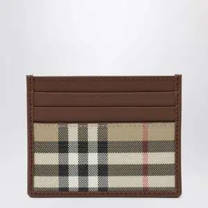 Burberry Check Credit Card Holder In Coated Cotton, Beige