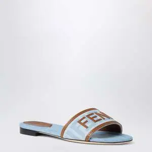 Fendi Sunshine Slides In Light Denim-effect Ff Jacquard - Blue