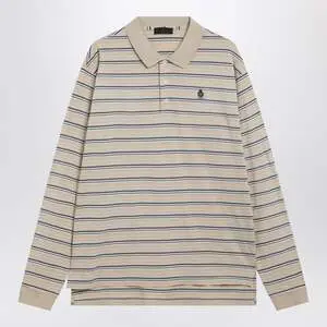 Prada Striped Cotton Pique Polo Shirt In Desert And Royal - Cream