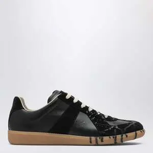 MAISON MARGIELA Replica Paint-splattered Calfskin And Suede Sneakers - Black