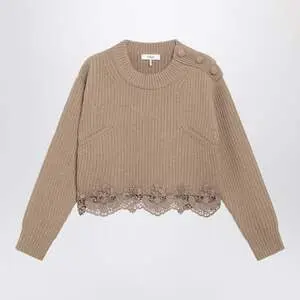 Chloé Cropped Wool-cashmere Sweater With Lace Trim - Brown
