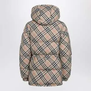 Burberry Hooded Check Nylon Puffer Jacket In Sand