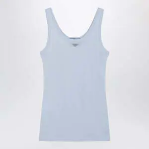 Prada Ribbed Cotton Top With Triangle Logo In Sky - Blue