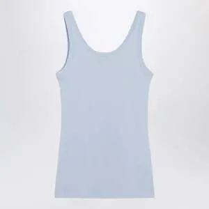 Prada Ribbed Cotton Top With Triangle Logo In Sky