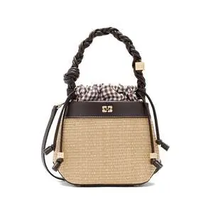 GANNI Braided Raffia Effect Bucket Bag With Gingham Lining - Cream