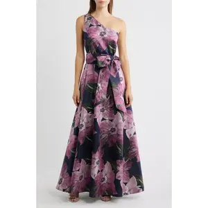 Eliza J Floral Print One-shoulder Ballgown - Navy Multi