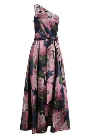 Eliza J Floral Print One-shoulder Ballgown