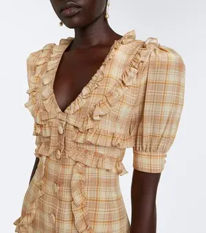 Alessandra Rich Ruffled Plaid Silk Midi Dress - Beige