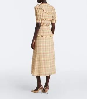 Alessandra Rich Ruffled Plaid Silk Midi Dress - Beige