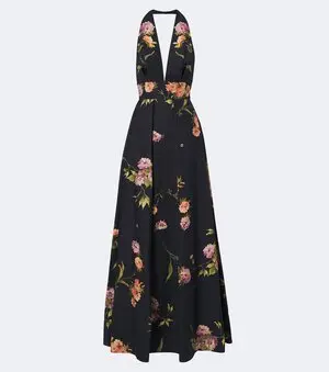 Elie Saab Floral Pleated Cotton Poplin Maxi Dress - Blue