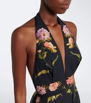 Elie Saab Floral Pleated Cotton Poplin Maxi Dress - Blue