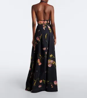 Elie Saab Floral Pleated Cotton Poplin Maxi Dress - Blue