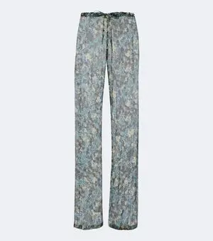 Dries Van Noten Semi-sheer Floral Wide-leg Pants - Blue