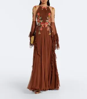 Costarellos Embellished Floral-appliqu� Silk Gown