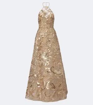 Elie Saab Halterneck Sequined Tulle Gown - Beige