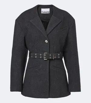 GANNI Belted Wool And Cashmere-blend Blazer - Grey