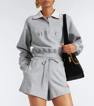 Versace Cropped Cotton Jersey Polo Shirt With Embroidered Collar - Grey