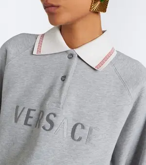 Versace Cropped Cotton Jersey Polo Shirt With Embroidered Collar - Grey