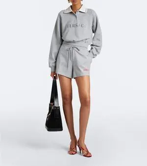 Versace Cropped Cotton Jersey Polo Shirt With Embroidered Collar - Grey