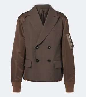 Sacai Double-breasted Wool And Technical Jacket - Brown