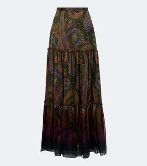 Etro Paisley Silk Tiered Maxi Skirt - Green