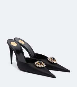 Saint Laurent Embellished Satin Mules - Black