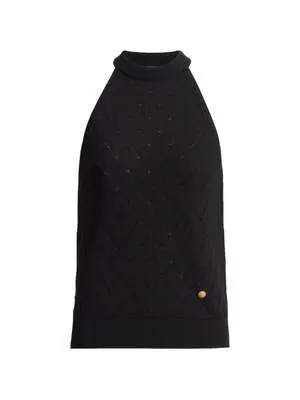 Balmain High Neck Quilted Wool Top With Lion Chain Medallion - Multicolor