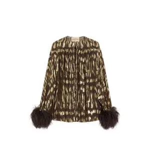 Valentino Garavani Shirt With Feather-trim Cuffs And Metallic Jacquard Finish - Brown