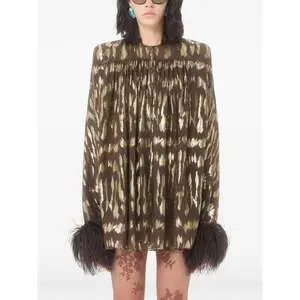 Valentino Garavani Shirt With Feather-trim Cuffs And Metallic Jacquard Finish - Brown